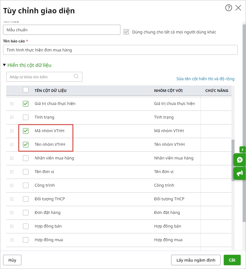 Bổ sung mã và tên nhóm VTHH trên báo cáo tình hình thực hiện đơn mua ...