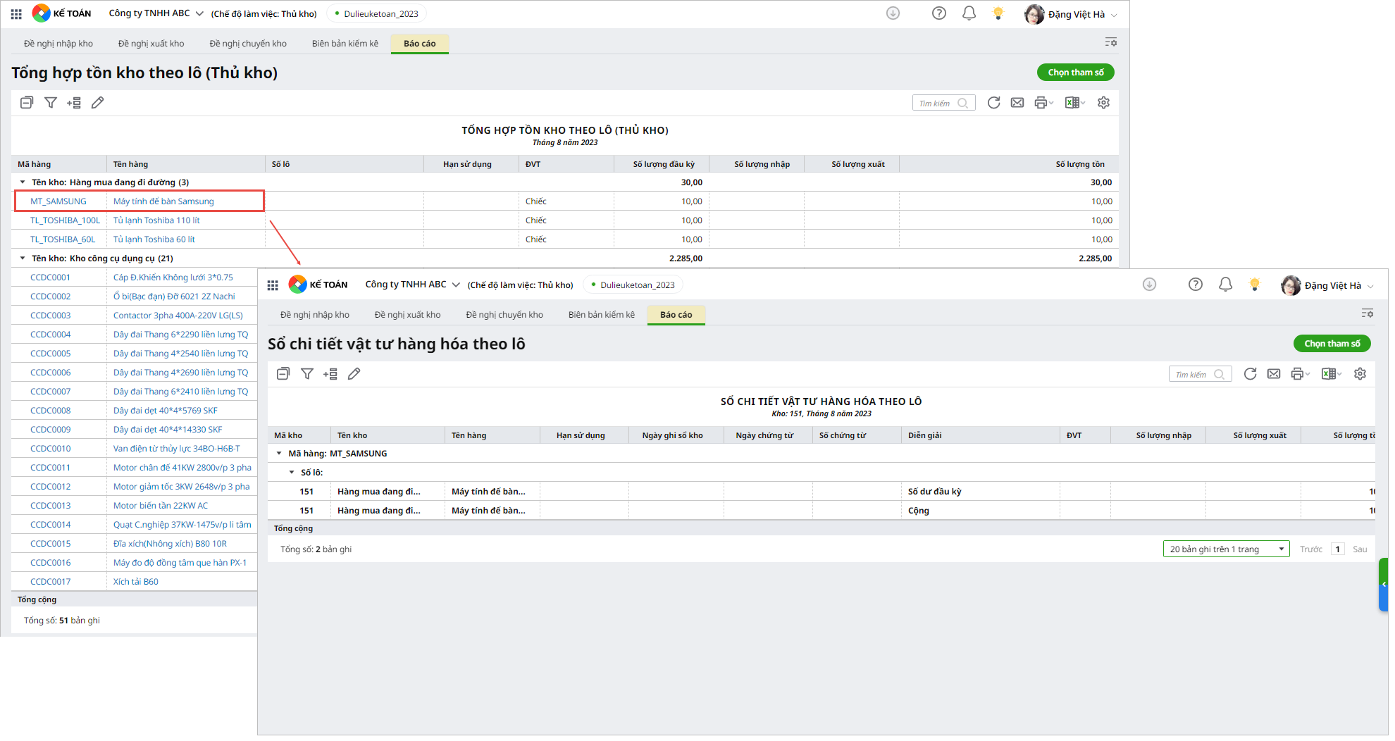 Khi nhấn vào 1 mặt hàng trên báo cáo Tổng hợp tồn kho theo lô (Thủ kho ...